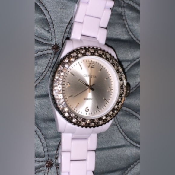 Geneva | Accessories | Vintage Geneva Rhinestone Dial White Acrylic ...